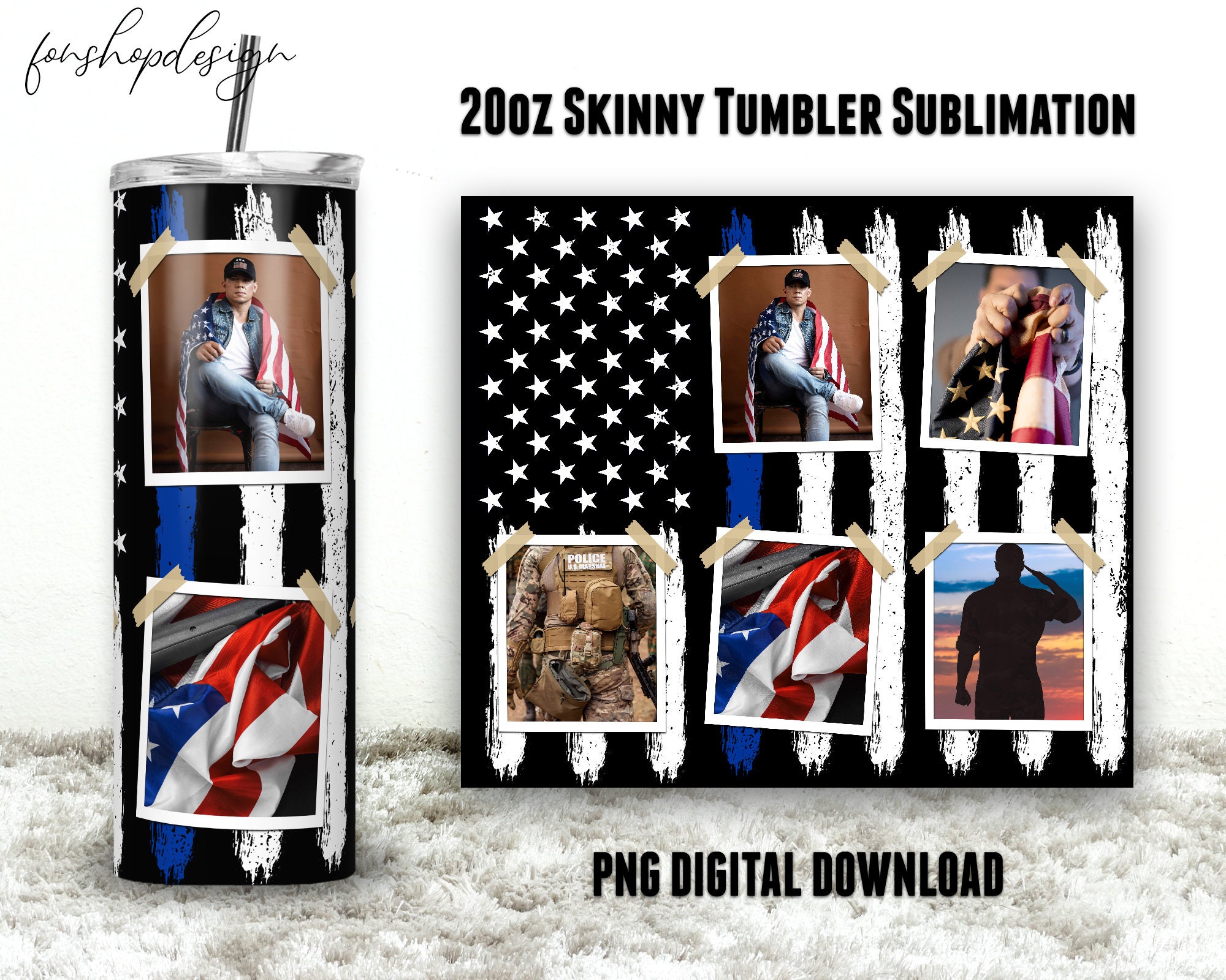 American Flag Thin Blue Line Photo Frame 20oz Skinny Tapered & Straight ...