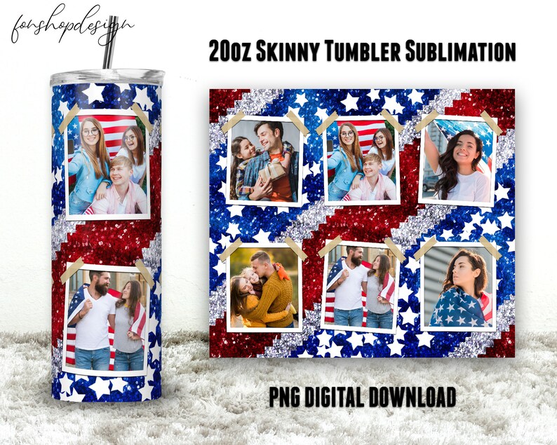 Patriotic Red White Blue Glitter Photo Frame 20oz Skinny - Etsy