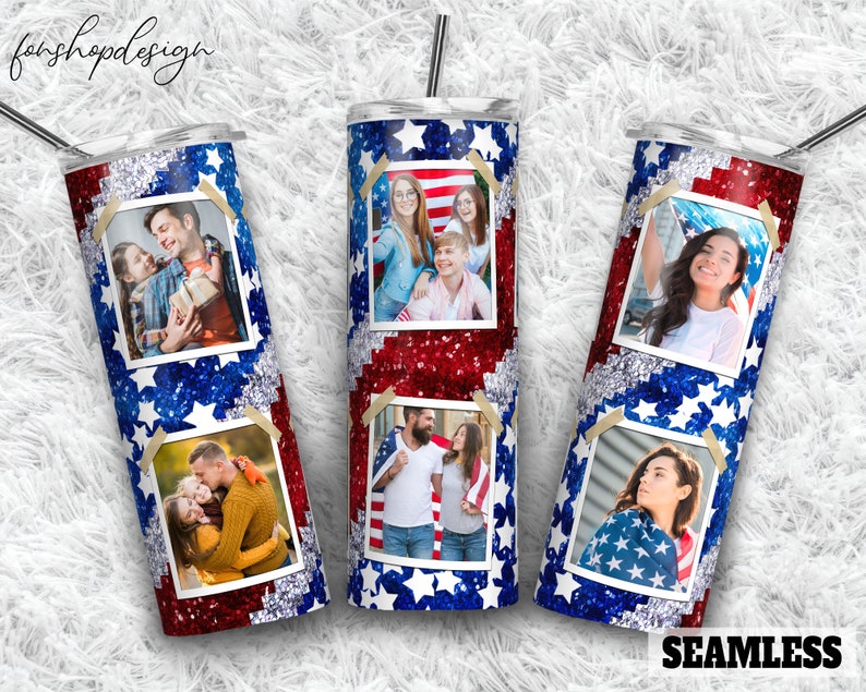 Patriotic Red White Blue Glitter Photo Frame 20oz Skinny - Etsy