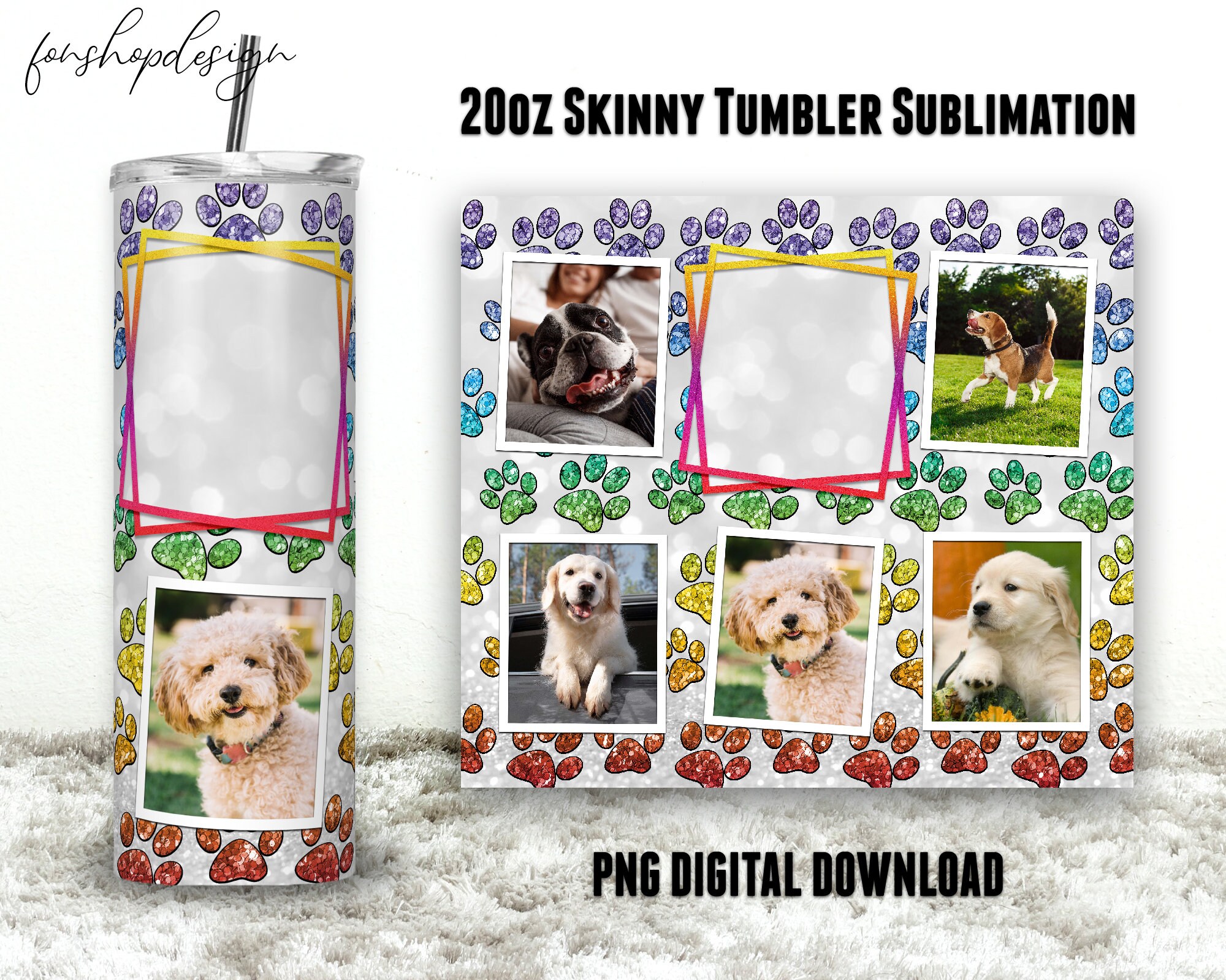 Dog Paw Print Rainbow Glitter Photo Frame Tumbler 20 Oz - Etsy