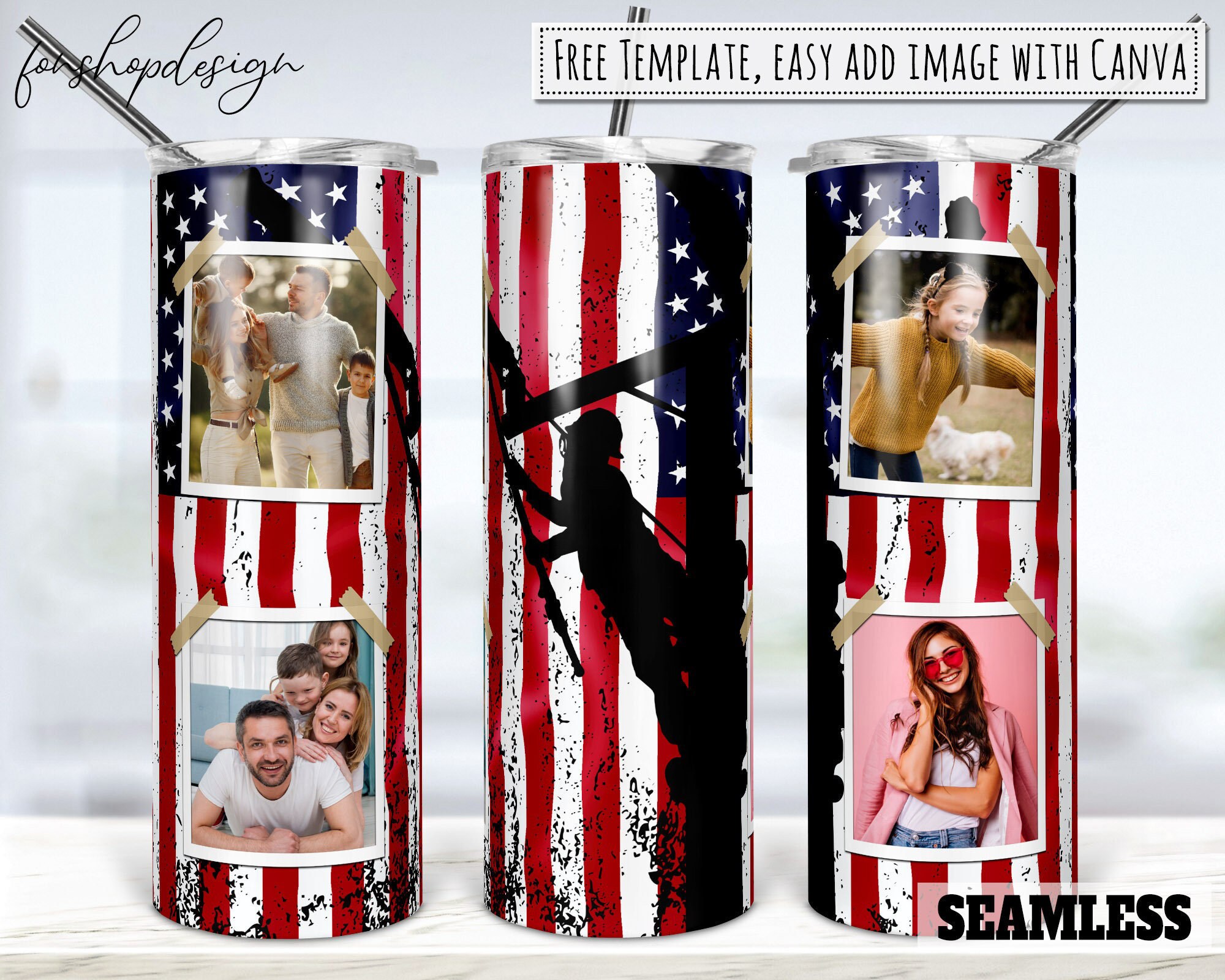 American Flag Lineman Photo Frame 20oz Skinny Tapered & - Etsy