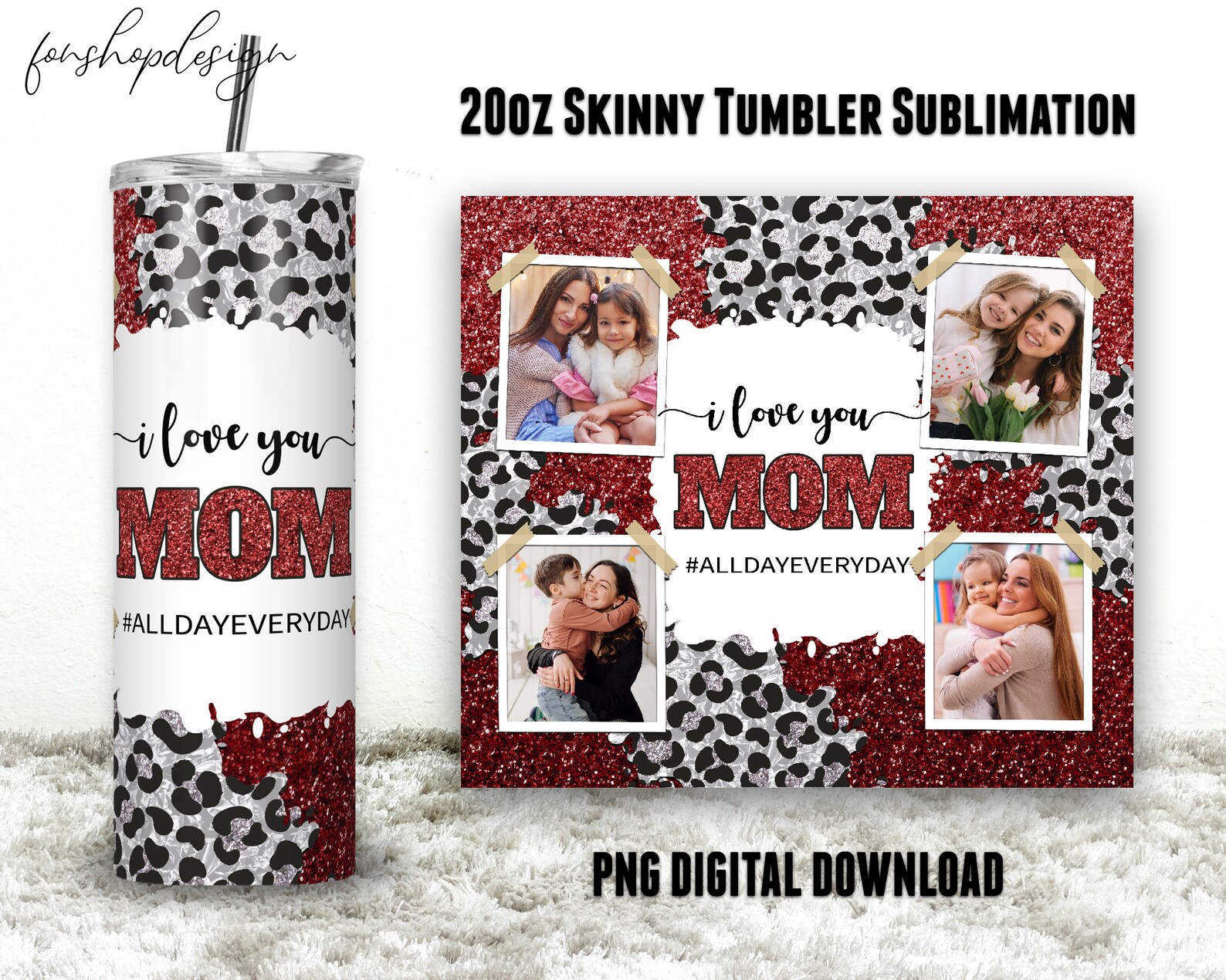 I Love You Mom All Every Day Red Glitter Photo Frame 20oz - Etsy