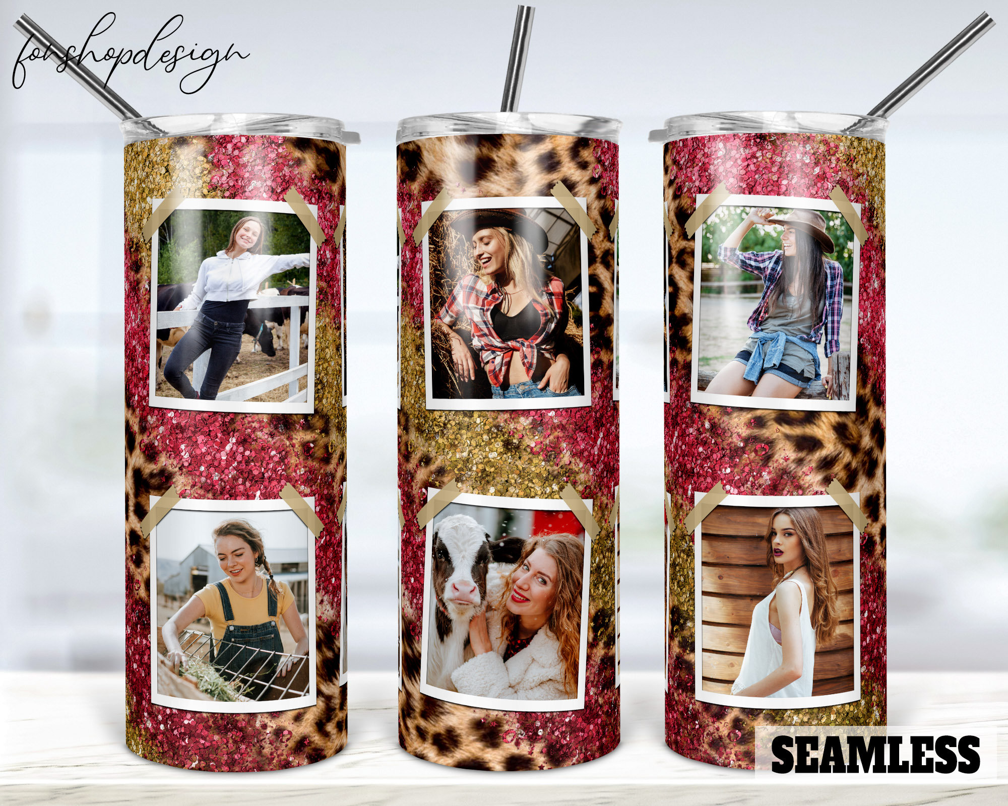 Pink Gold Glitter Leopard Photo Frame 20oz Skinny Tapered & - Etsy