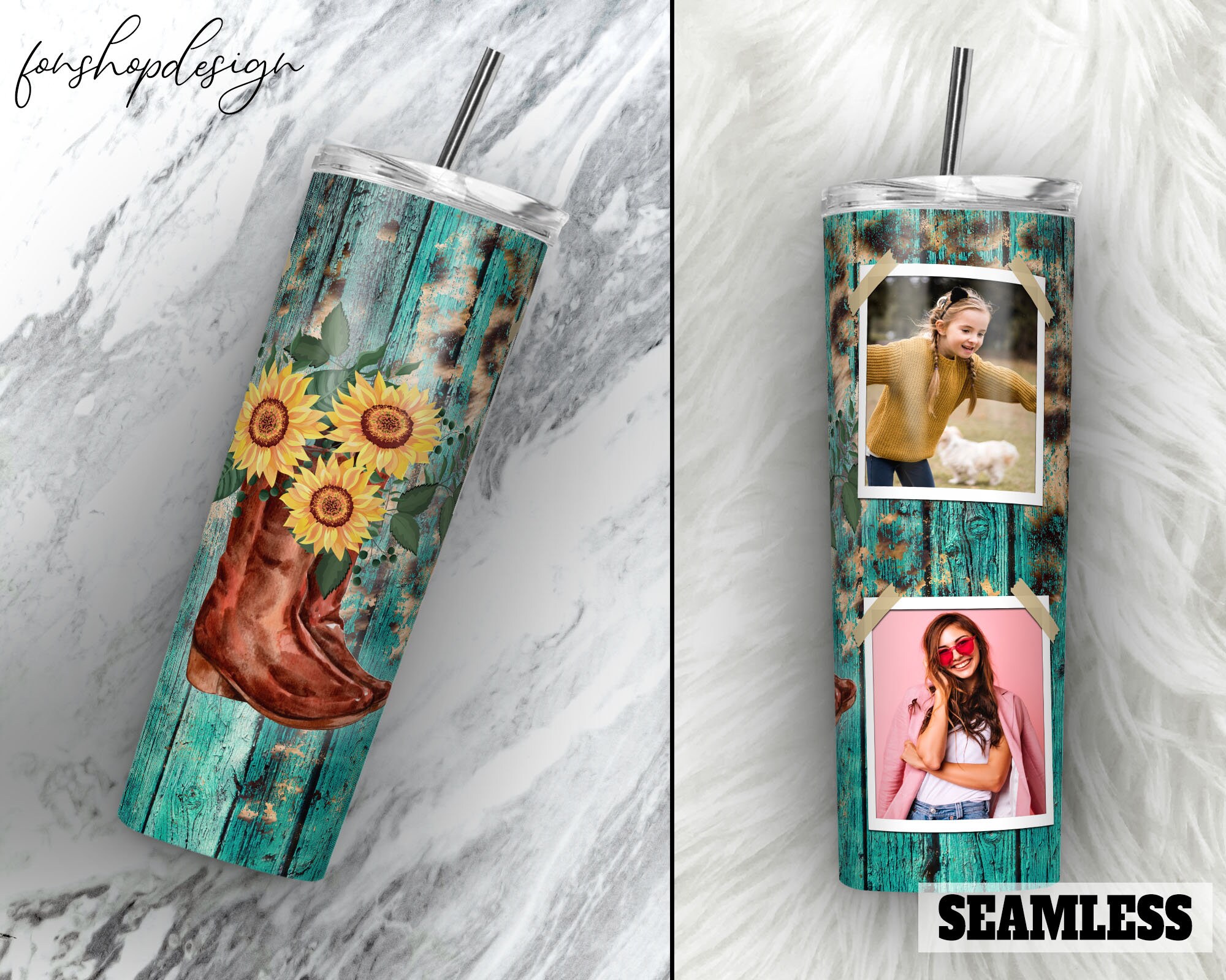 Wood Leopard Cowboy Boots Sunflower Photo Frame 20oz Skinny - Etsy