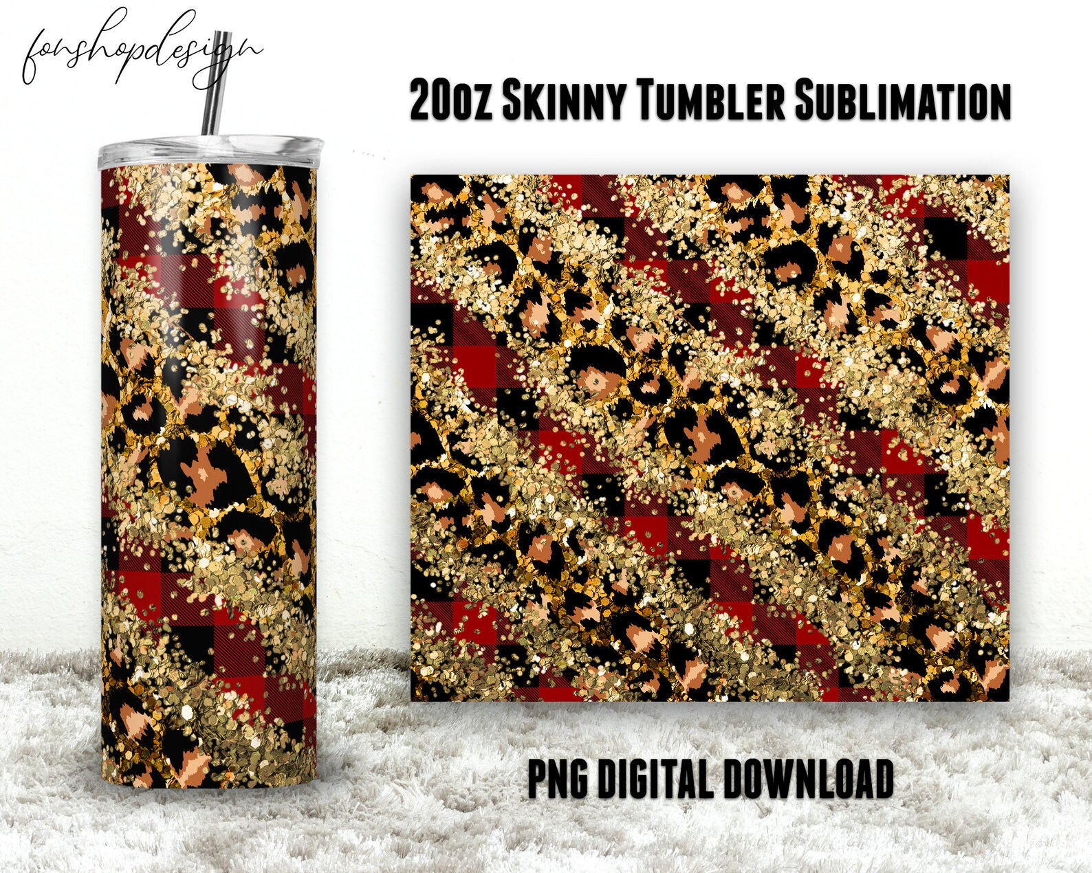 Red Buffalo Plaid Leopard Print Gold Glitter Seamless 20oz Skinny ...