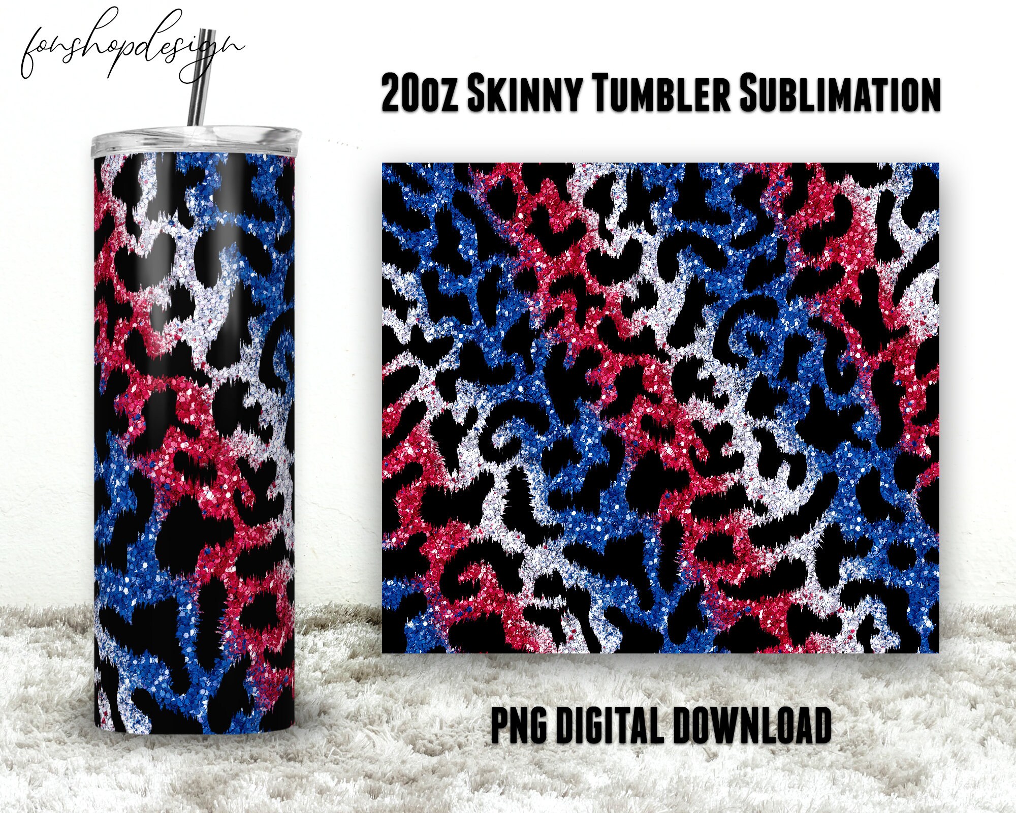 Cheetah Red White Blue Glitter Seamless 20oz Skinny Tapered & Straight ...