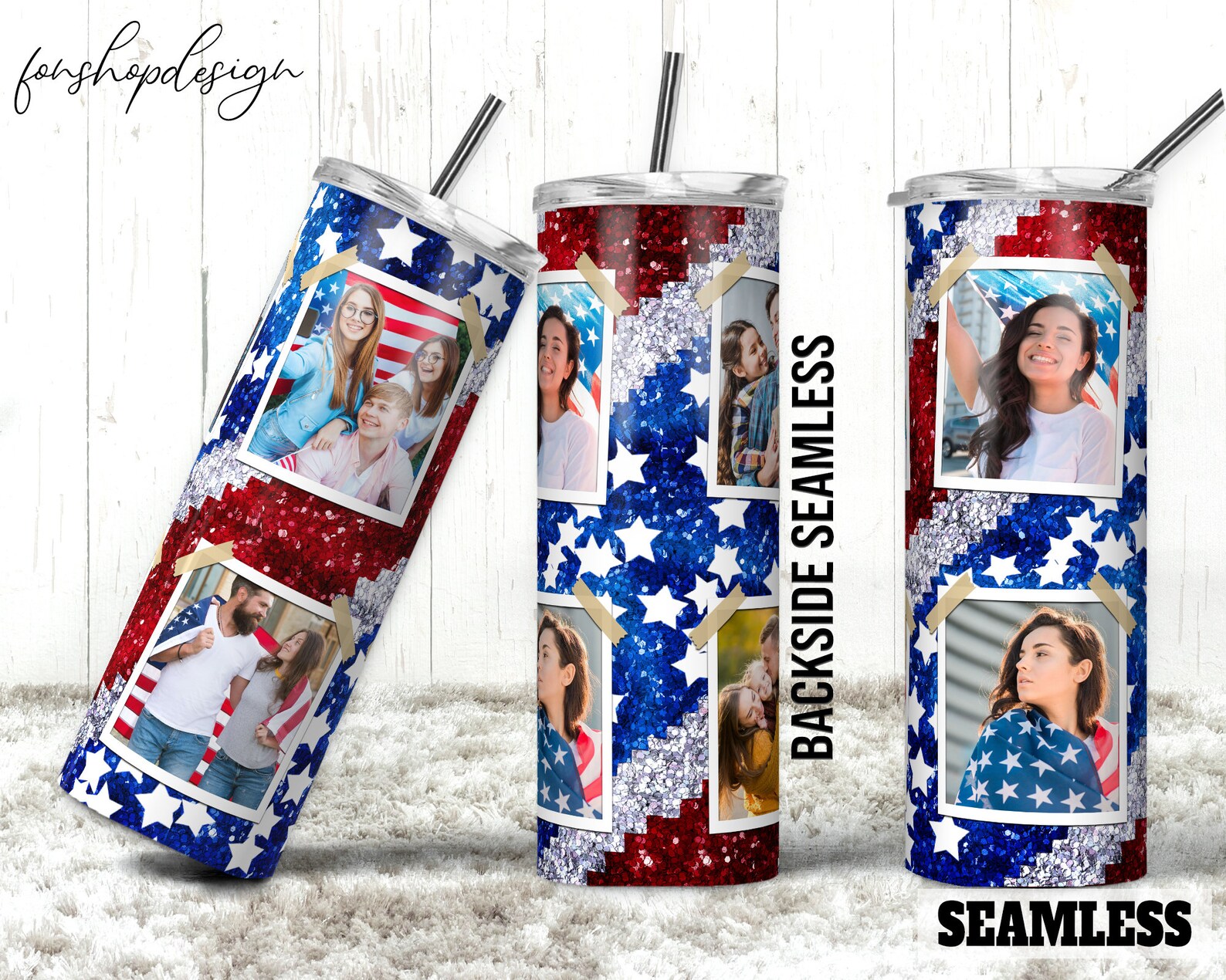 Patriotic Red White Blue Glitter Photo Frame 20oz Skinny - Etsy