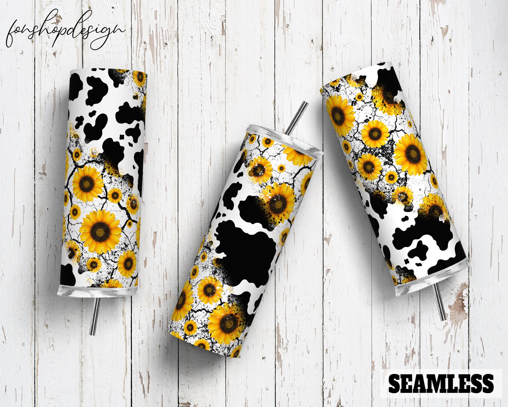 Cow Sunflowers Cowhide Seamless 20oz Skinny Tapered & Straight - Etsy