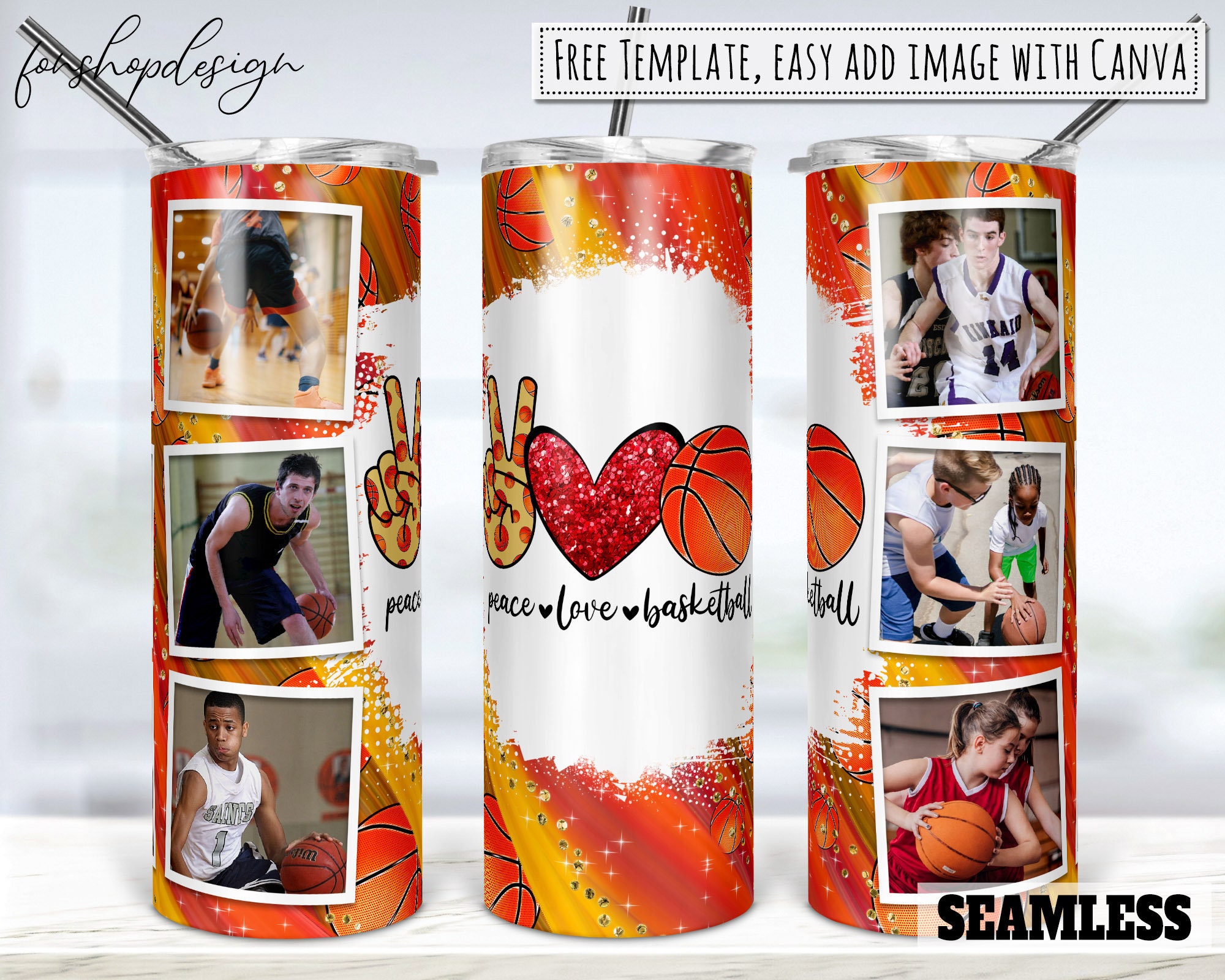 6 Photo Peace Love Basketball Photo Frame Tumbler 20 Oz - Etsy