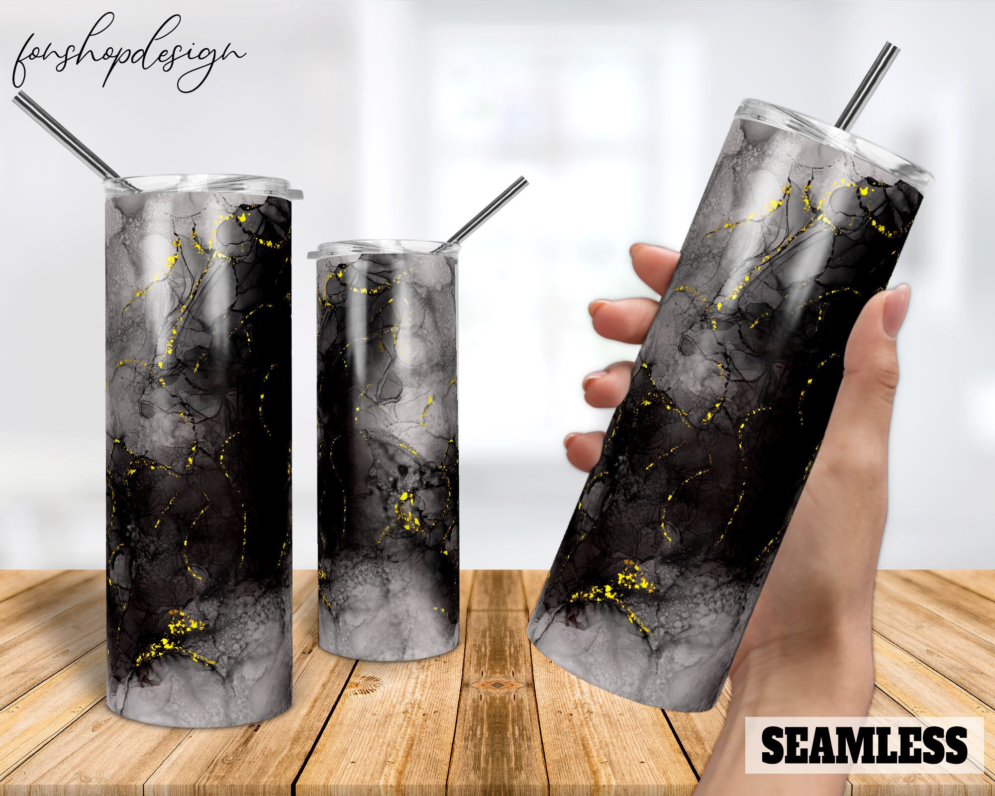 Silver Black Glitter Abstract Marble Seamless 20oz Skinny Tapered ...