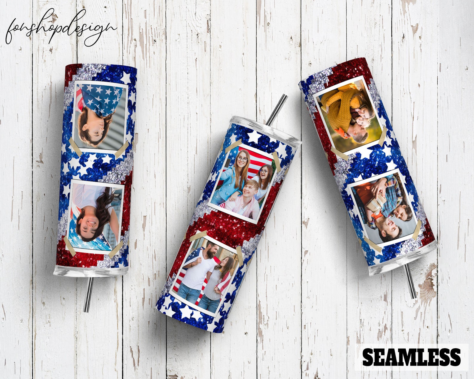 Patriotic Red White Blue Glitter Photo Frame 20oz Skinny - Etsy