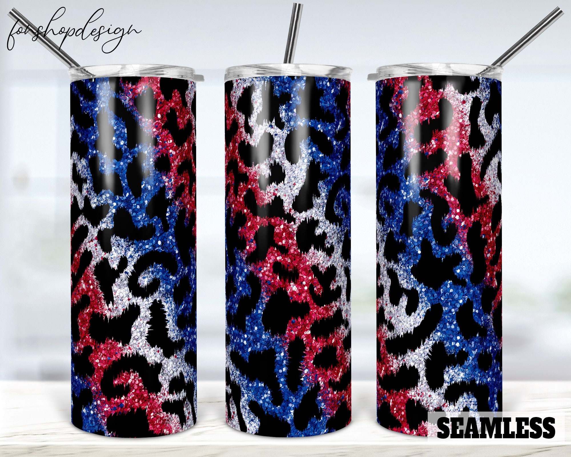 Cheetah Red White Blue Glitter Seamless 20oz Skinny Tapered & Straight ...