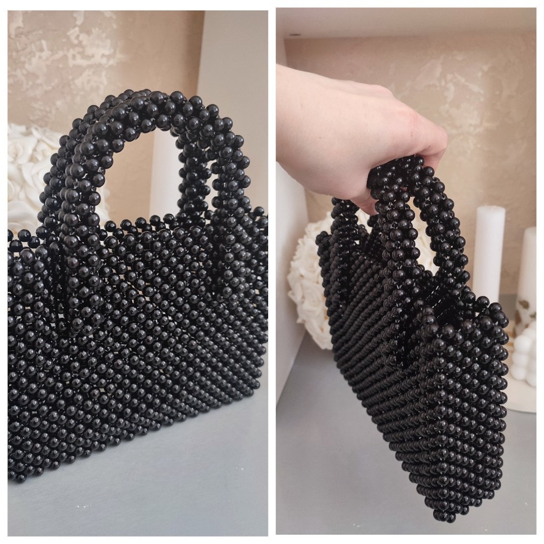 Black Bead Bag, Handmade Bag, Vintage Acrylic Bead Shoulder Bag, Prom ...
