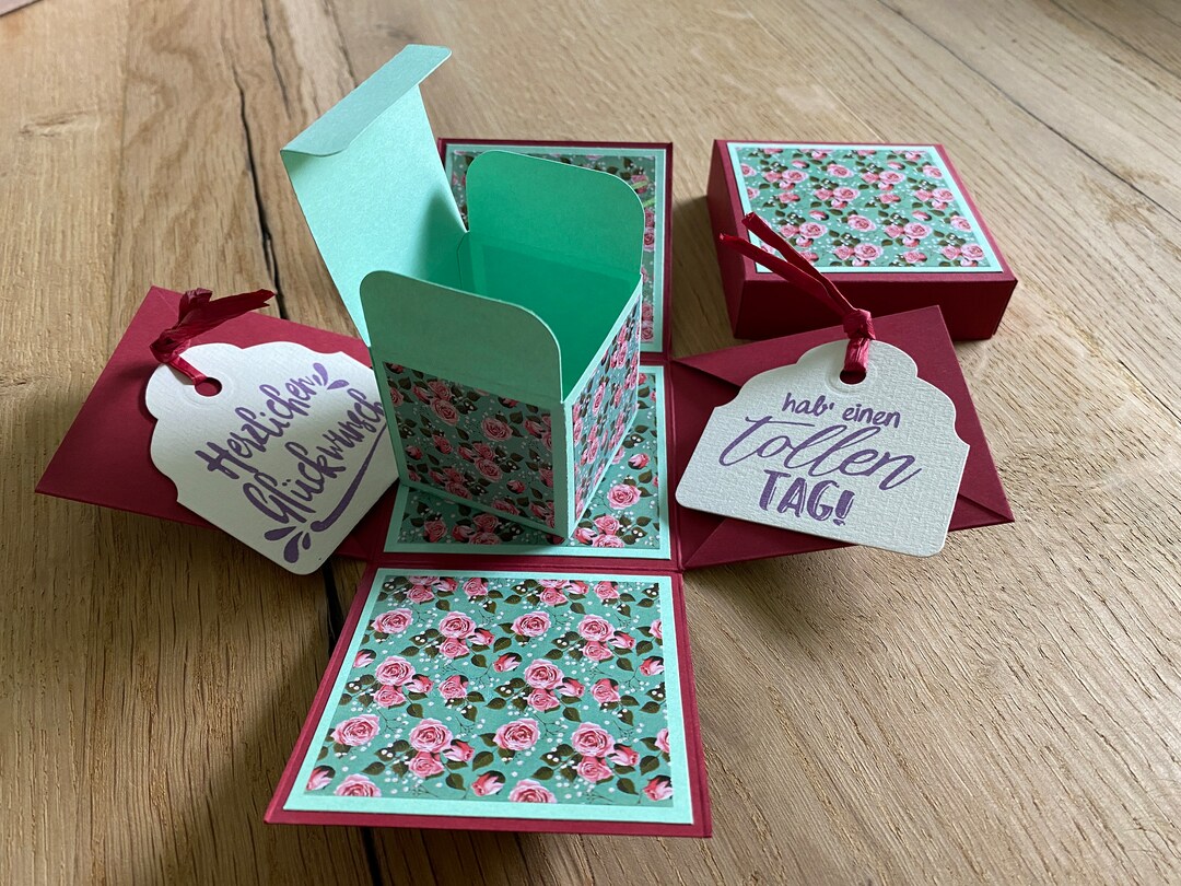 Explosion Box - Gift Box Flowers Roses Green - Pink 7x7x7 Cm With Inner ...