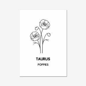 TAURUS Zodiac Birth Flower Print Minimalist POPPY Floral Line Art for ...