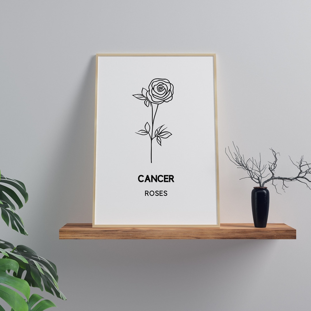 CANCER Zodiac Birth Flower Print Elegant ROSE Floral Line Art Wall Art ...