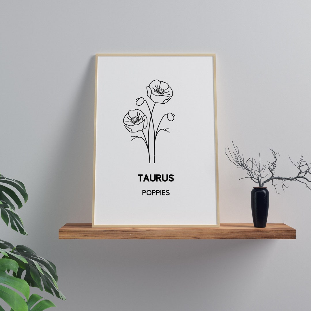 TAURUS Zodiac Birth Flower Print Minimalist POPPY Floral Line Art for ...