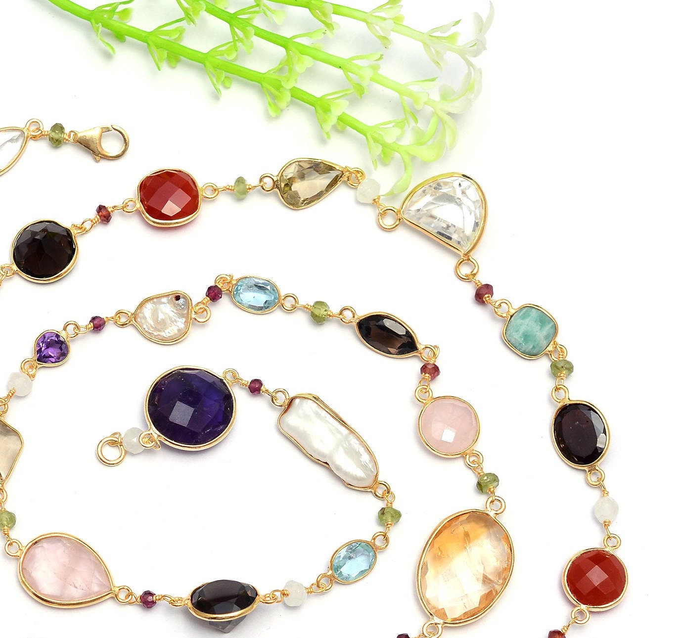 Multi Gemstone Colored Bead Necklace, Colorful Long Chain Beaded ...