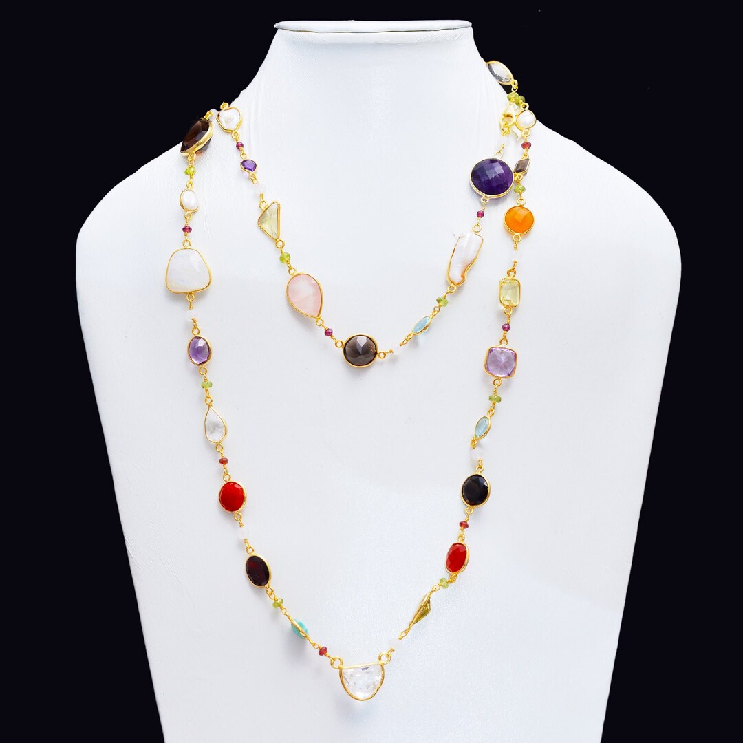 Multi Gemstone Colored Bead Necklace, Colorful Long Chain Beaded ...