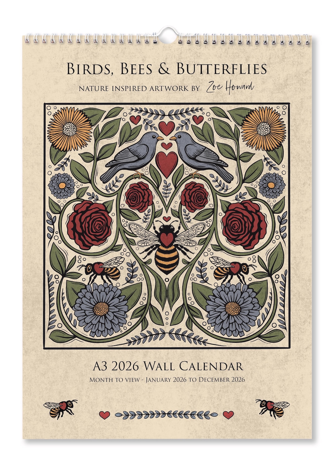 Calendario de pared 2026 A3/A4 con pájaros, abejas y mariposas / Obra ...
