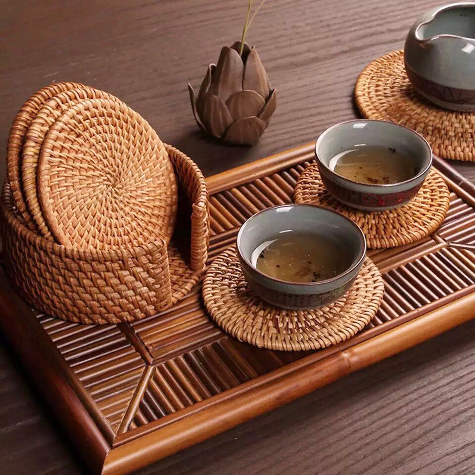 Non-slip 6 Pcs Set Handwoven Rattan Coasters With Holder - Etsy UK