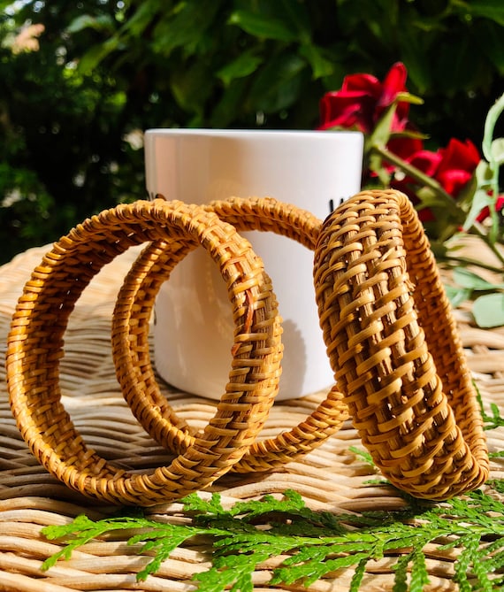 Round Handwoven Rattan Bracelets Summer Rattan Bangles | Etsy