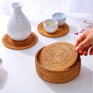 Non-slip 6 Pcs Set Handwoven Rattan Coasters With Holder - Etsy UK
