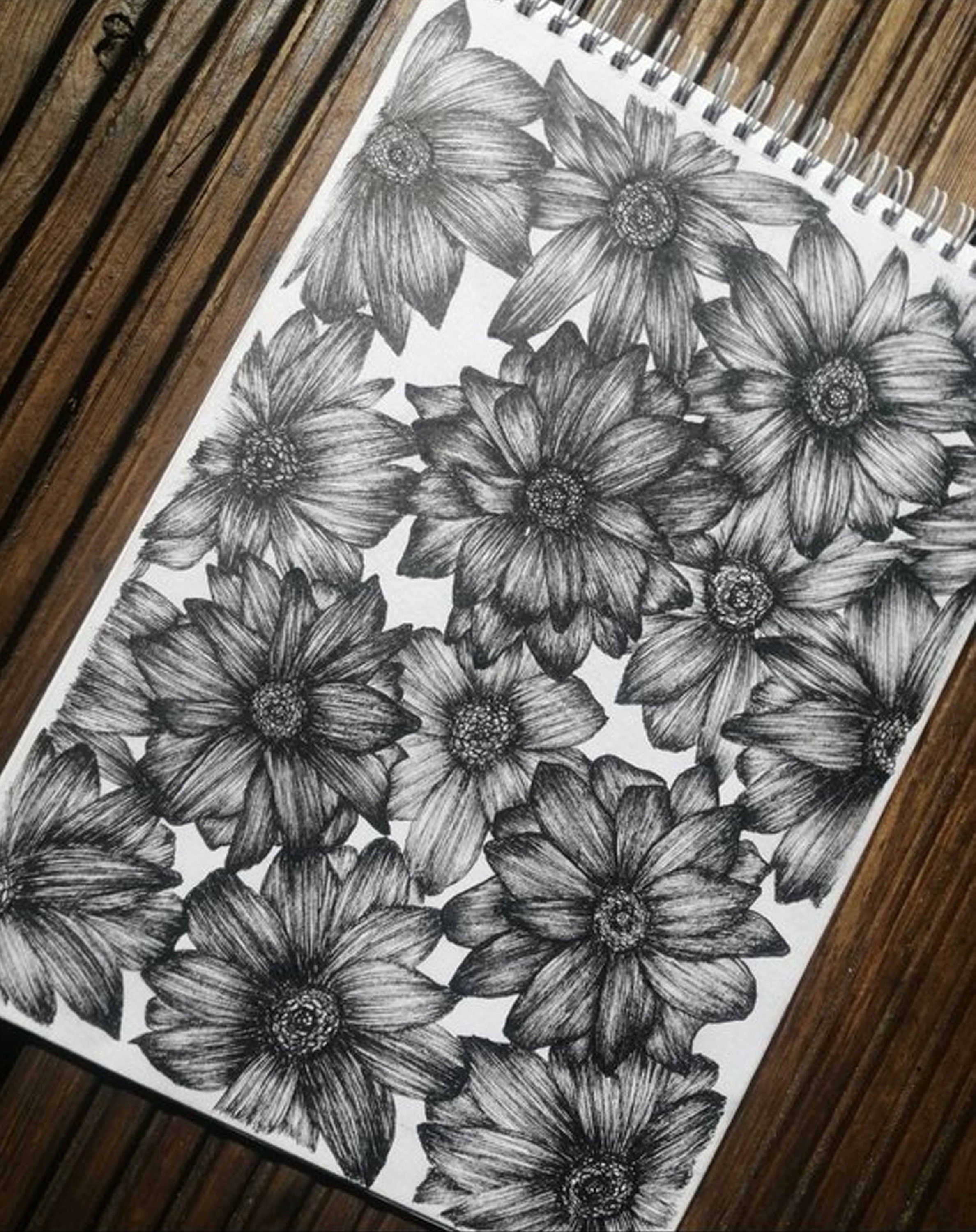 Flower Botanical drawing illustration print biro pen black - Etsy.de