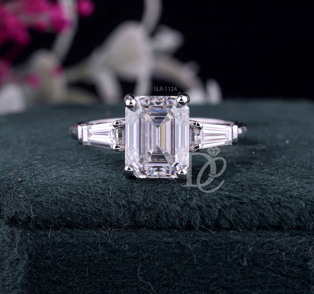 2.56CT Emerald Cut Moissanite Trilogy Ring, 1.11 TCW Side Stone Tapper ...