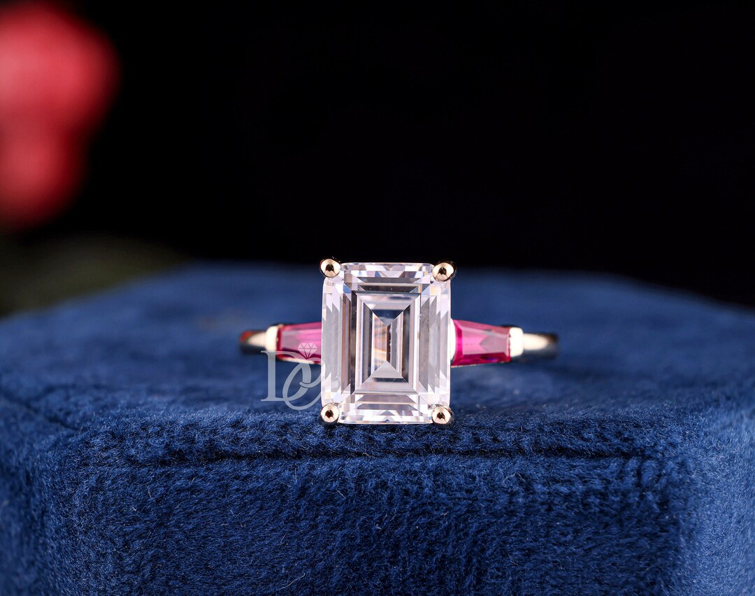 Emerald Cut Colorless Moissanite Ring,3.70ct Emerald and Baguette Ruby ...