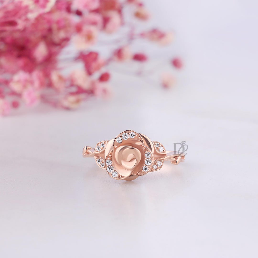 Vintage Rose Flower Engagement Ring for Women,14k Rose Gold Nature ...