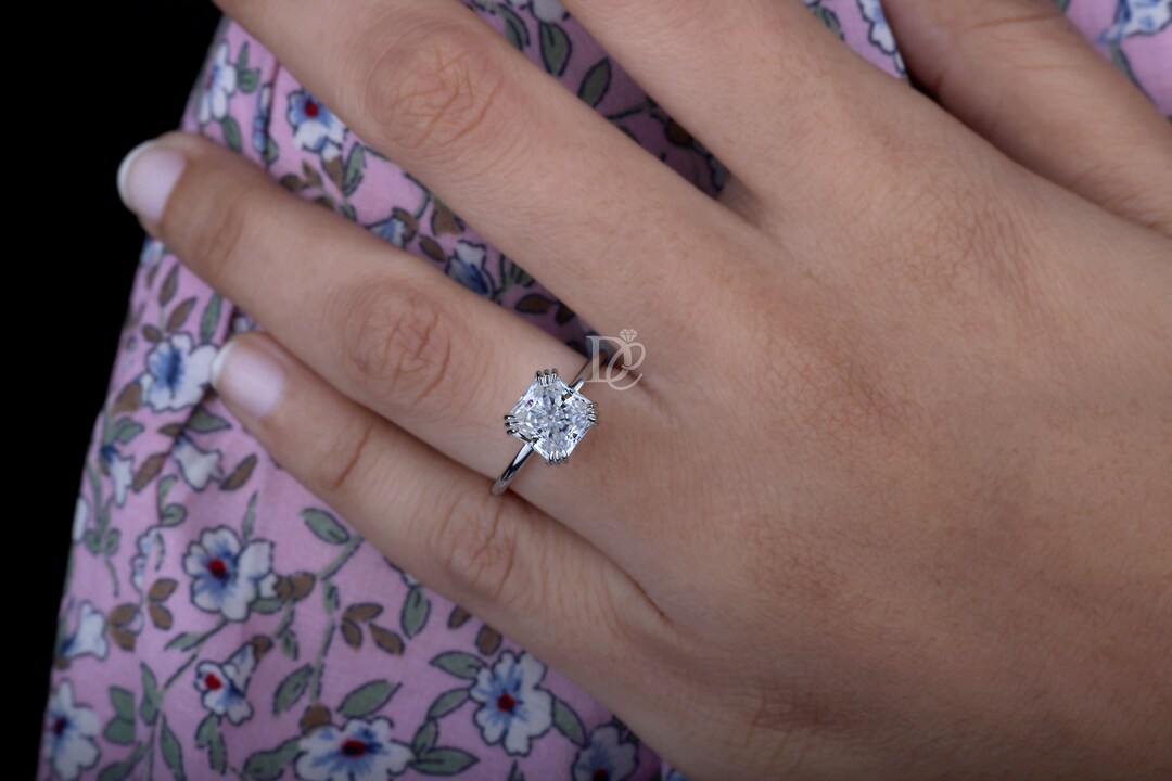 Delicate Ring 2.15CT Radiant Cut Moissanite Ring,plain Yellow Gold Band Solitaire Engagement ...