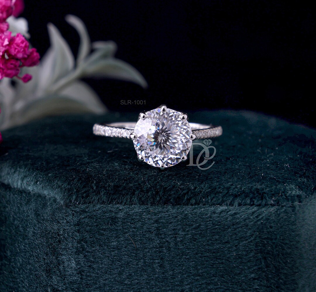 Antique Round Shape Portuguese Cut Moissanite Engagement Ring,14k White ...
