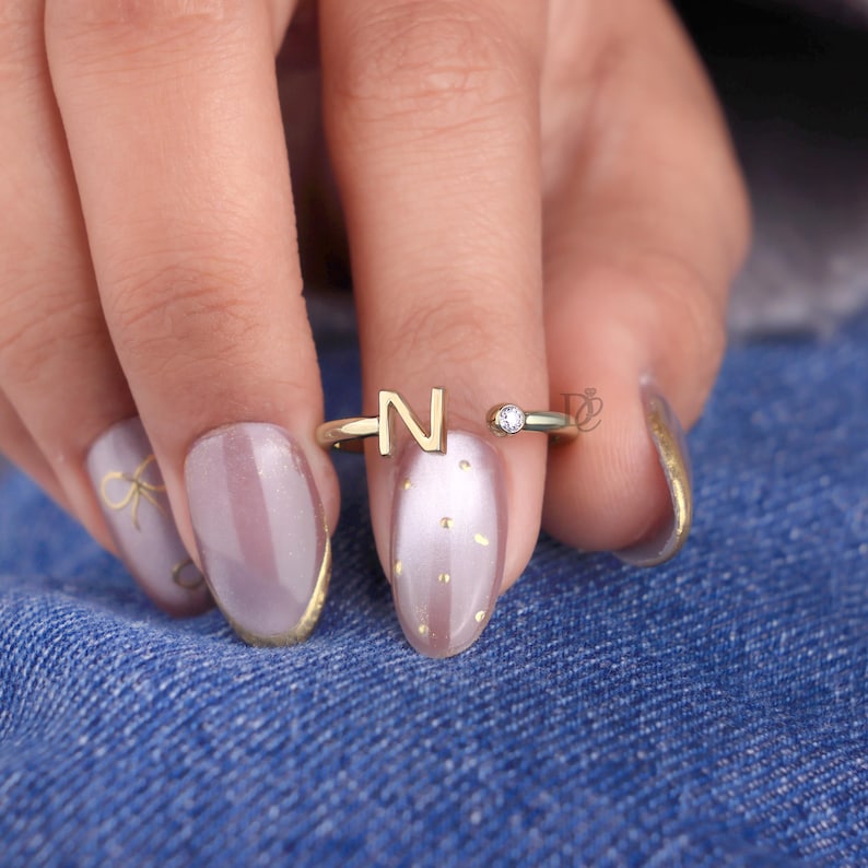 Open Cuff N Initial Ring,custom 14k Gold Adjustable Letter Ring ...
