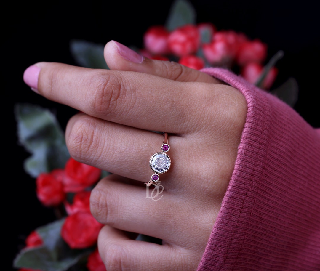 Buy Three Stone 1.50CT Portuguese Cut Round Moissanite & Pink Sapphire ...