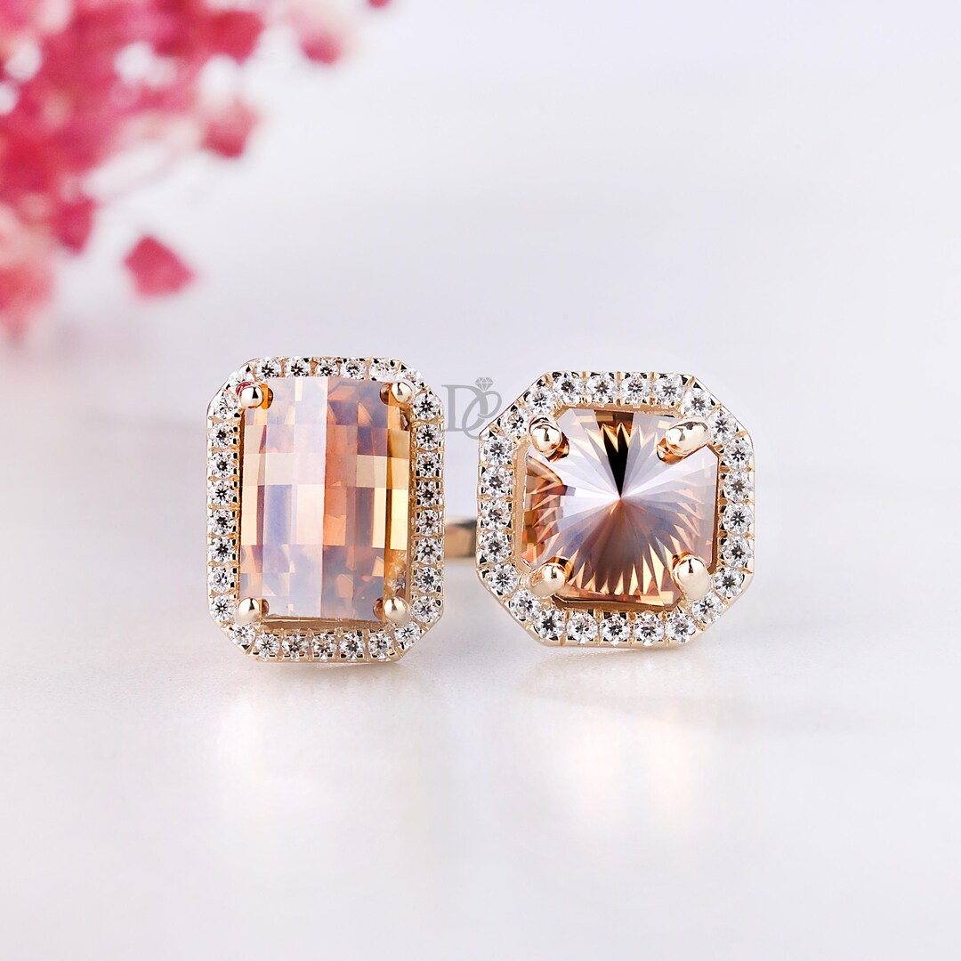 Toi Et Moi Fantasy & Pixel Cut Cognac Brown Moissanite Halo Ring,unique ...