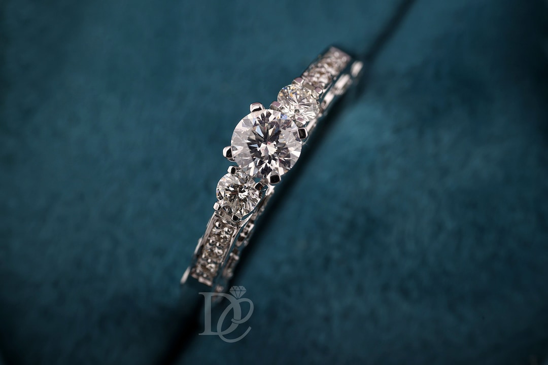 Three Stone Round Cut Art Nouveau Greek Engagement Ring, 14k/18k White ...