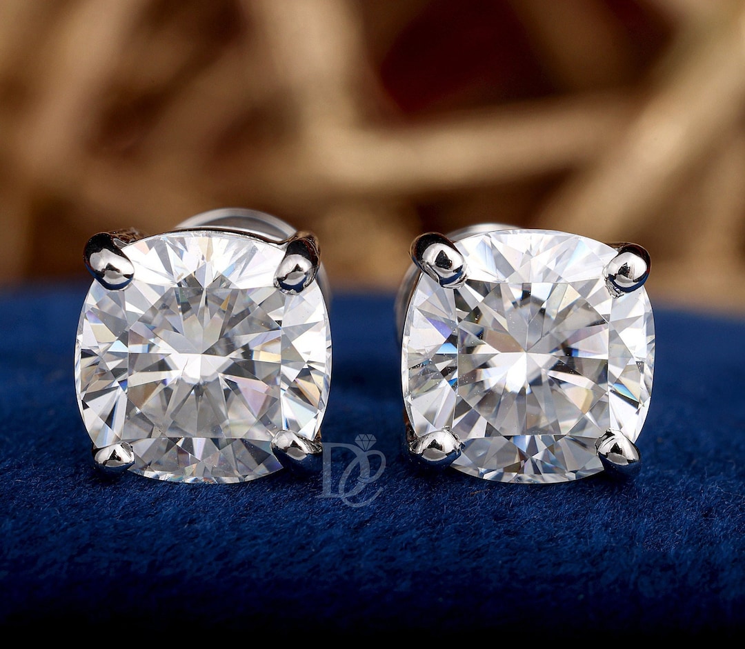 3 TCW Cushion Cut Moissanite Stud Earrings, Single Claw Prongs - Etsy