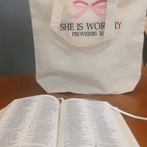 She is Worthy, Proverbs 31:10 Embroidered Washed Canvas Tote Bag, One ...