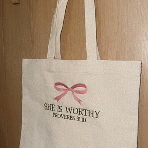 She is Worthy, Proverbs 31:10 Embroidered Washed Canvas Tote Bag, One ...