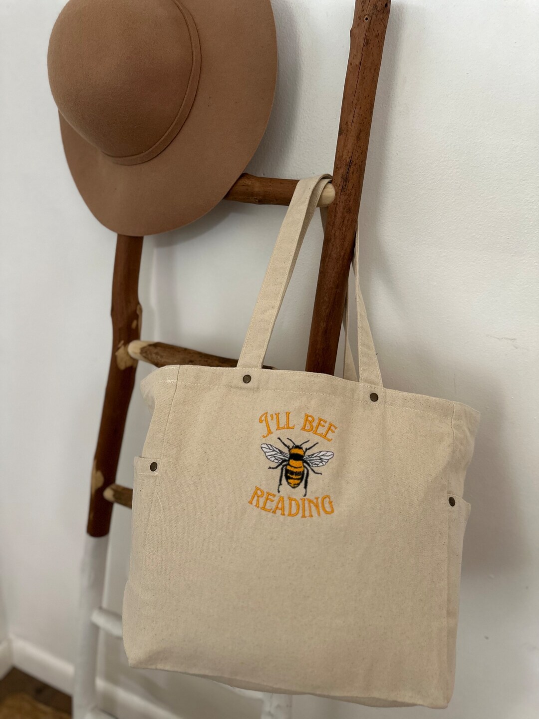 I'll Bee Reading Embroidered Washed Canvas Tote Bag With Side Pockets ...