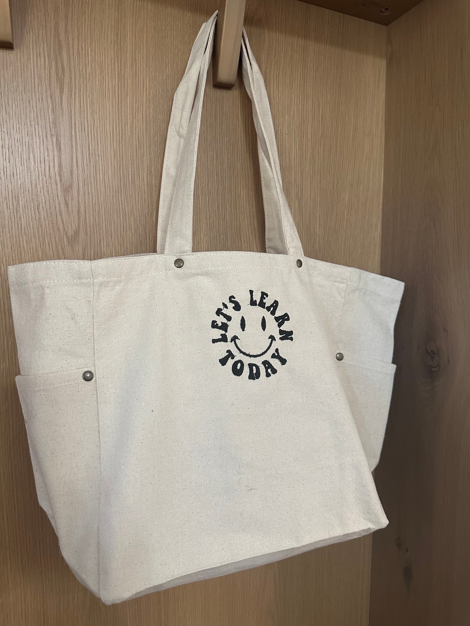 Lets Learn Today Smiley Face Embroidered Washed Canvas Tote Bag With ...