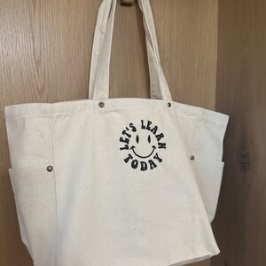 Lets Learn Today Smiley Face Embroidered Washed Canvas Tote Bag With ...