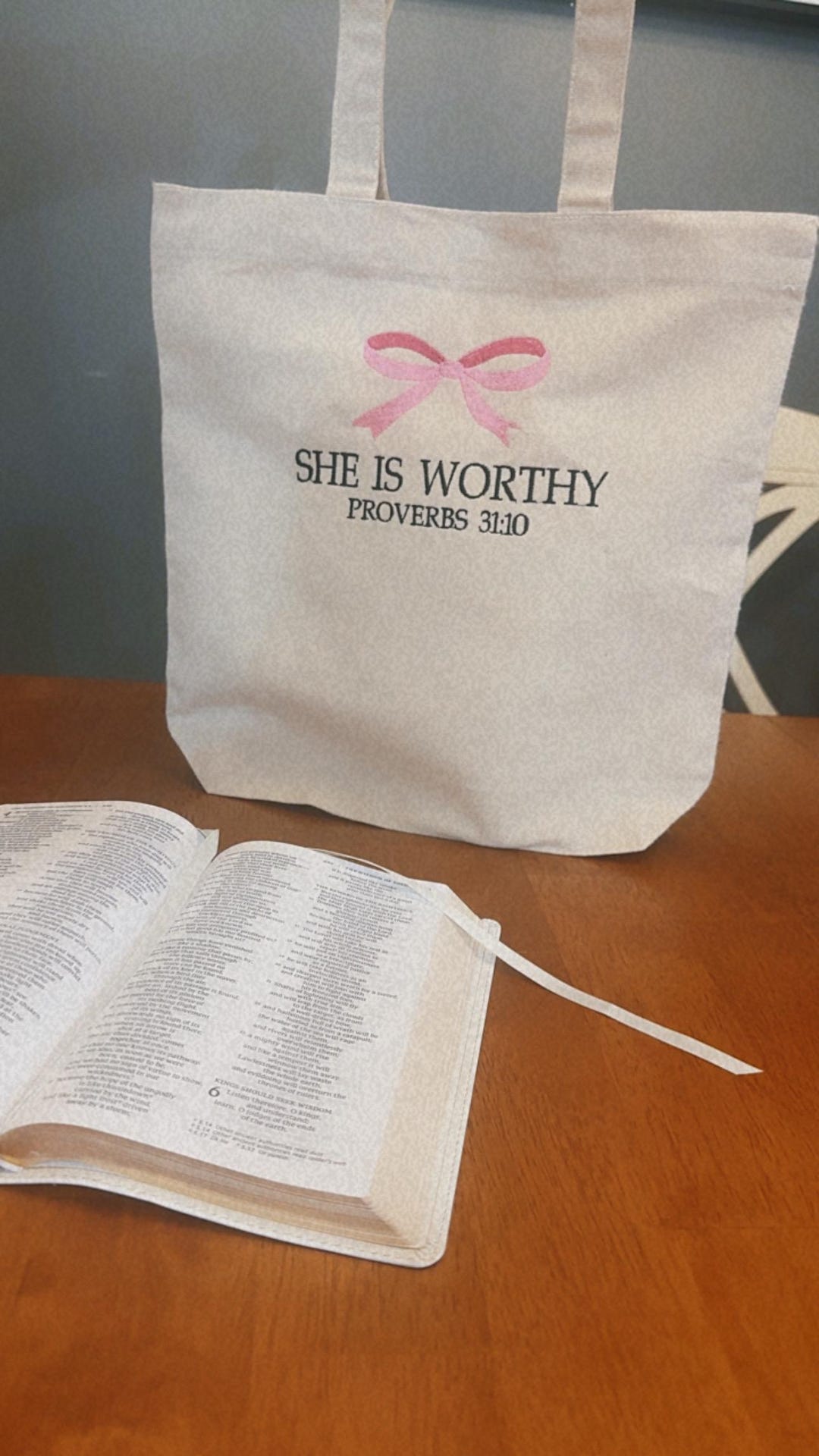 She is Worthy, Proverbs 31:10 Embroidered Washed Canvas Tote Bag, One ...