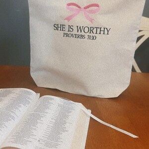 She is Worthy, Proverbs 31:10 Embroidered Washed Canvas Tote Bag, One ...