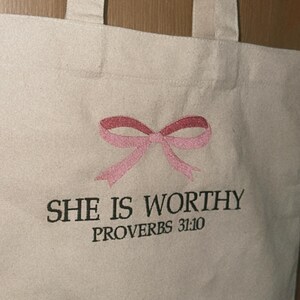 She is Worthy, Proverbs 31:10 Embroidered Washed Canvas Tote Bag, One ...