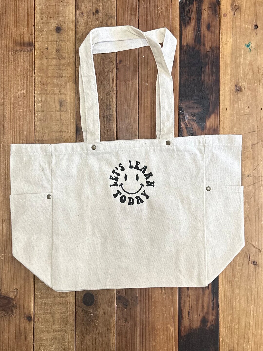 Lets Learn Today Smiley Face Embroidered Washed Canvas Tote Bag With ...