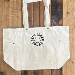 Lets Learn Today Smiley Face Embroidered Washed Canvas Tote Bag With ...