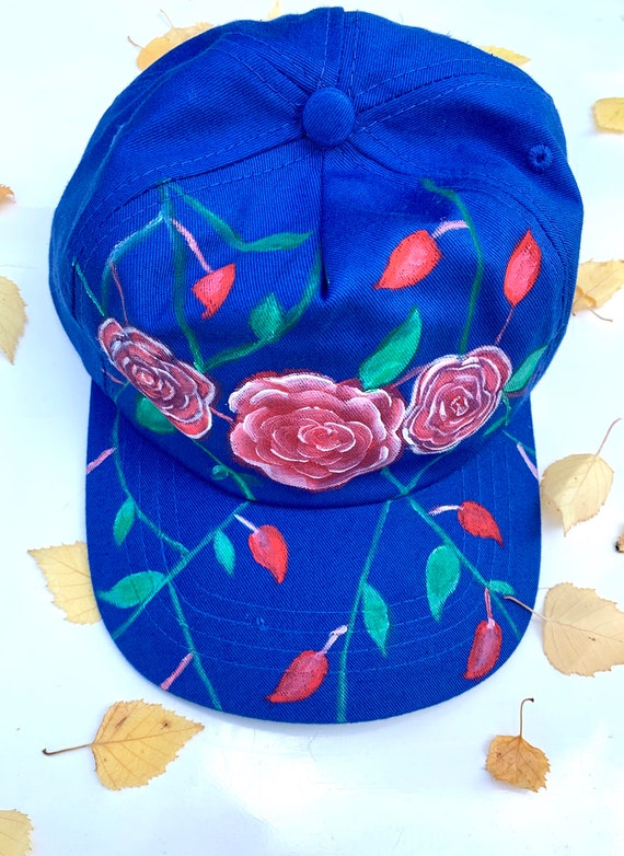 Hand Painted Blue Cap Roses Cap | Etsy