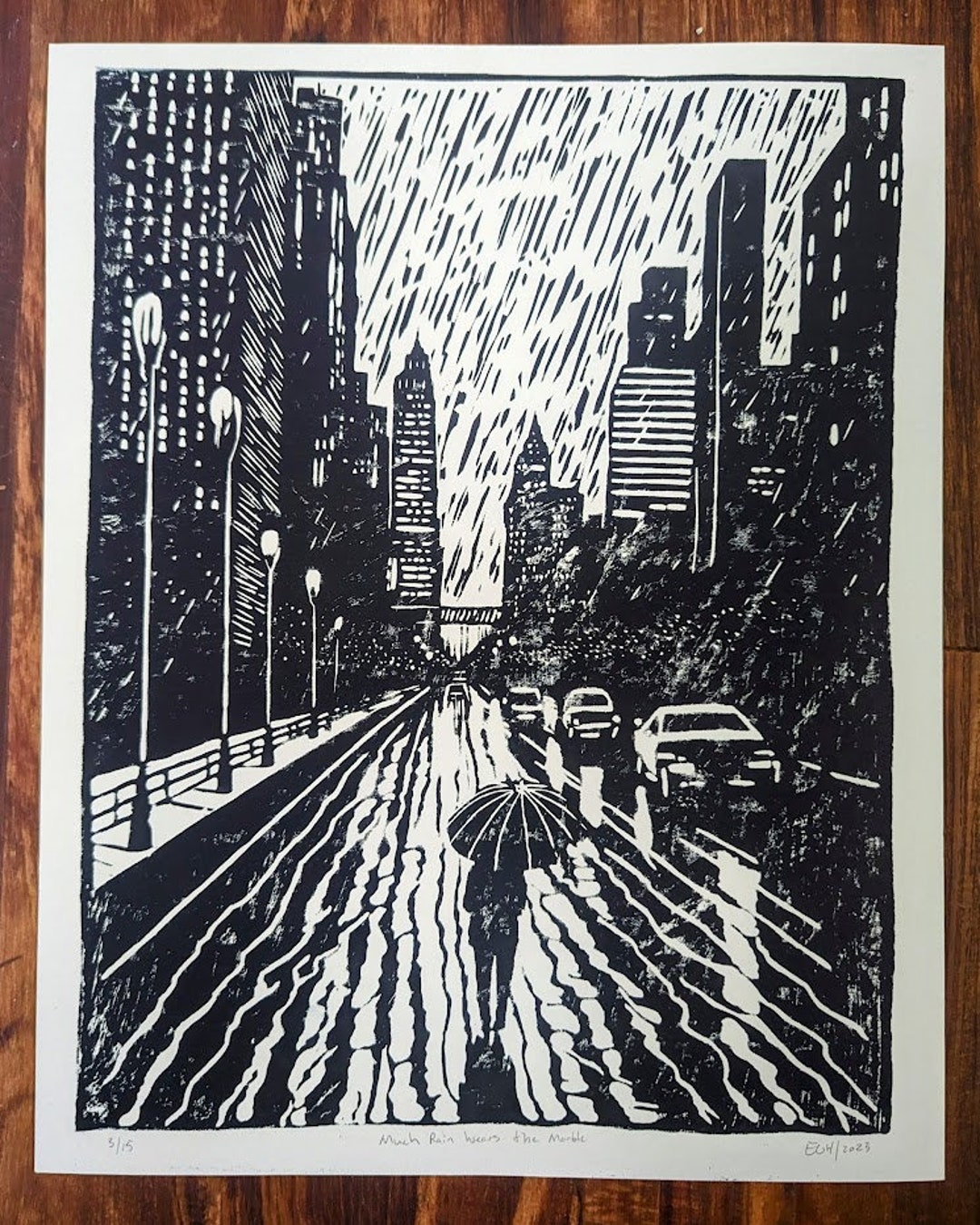 Much Rain - Original Linocut Art Print Featuring a Rainy Cityscape ...
